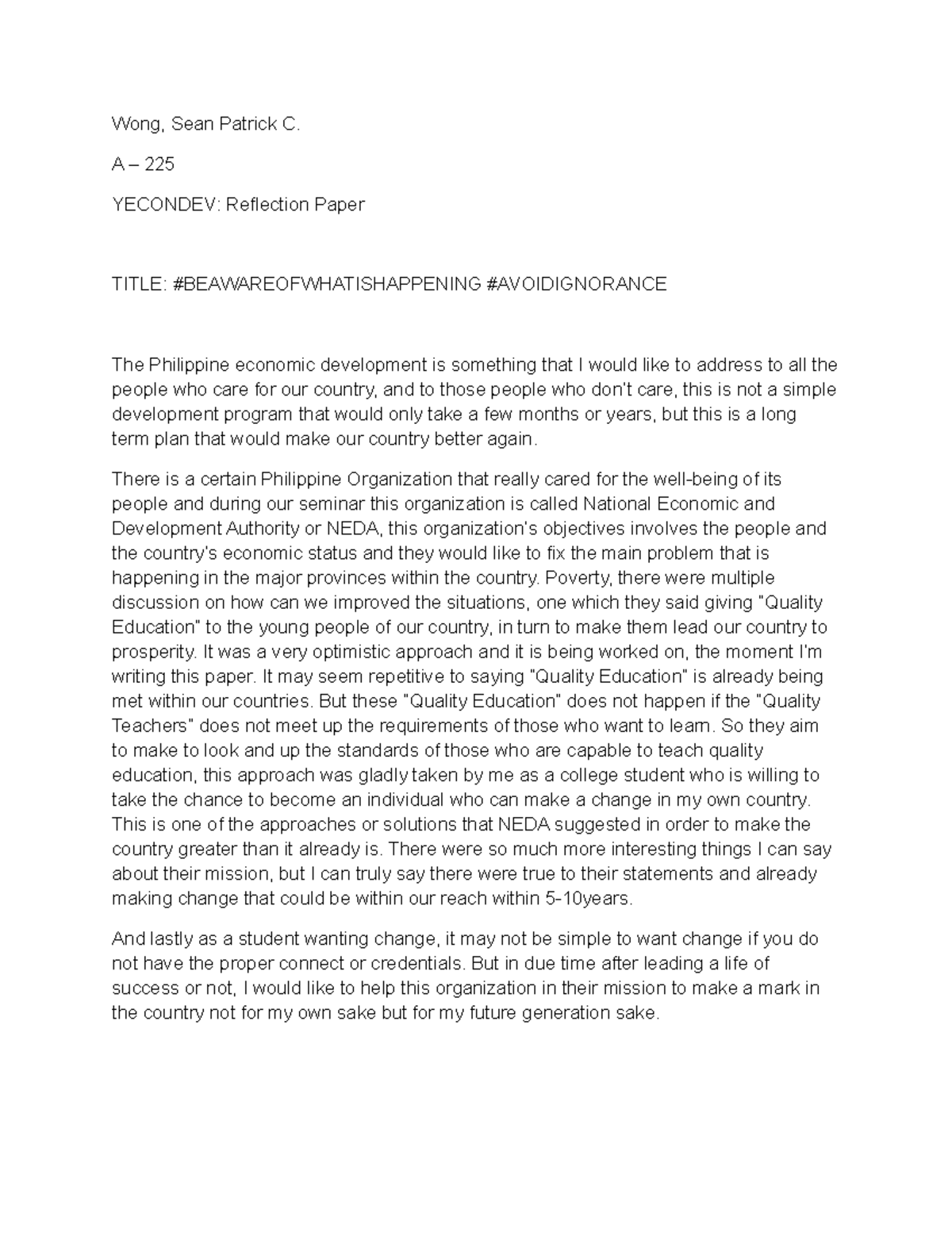 Reflection Paper - WORK - Wong, Sean Patrick C. A – 225 YECONDEV ...