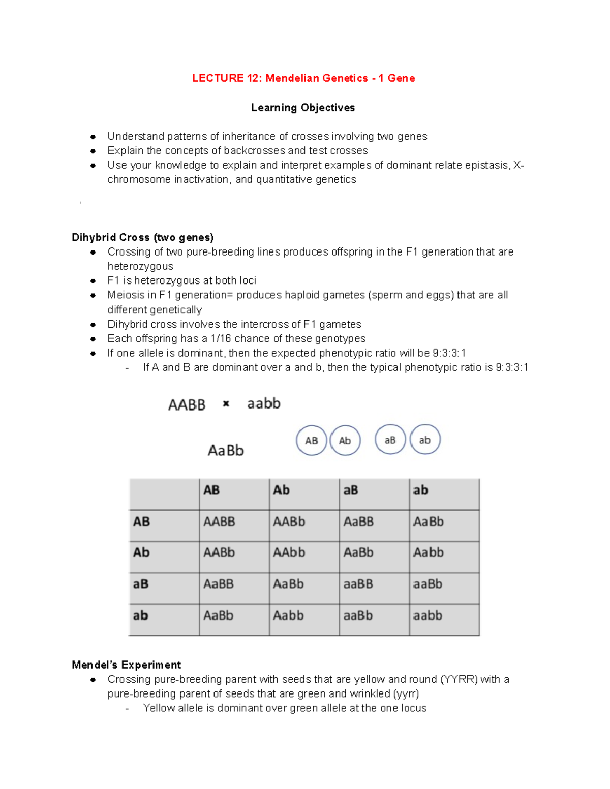 BIOL1001 Week 3-4 - LECTURE 12: Mendelian Genetics - 1 Gene Learning ...