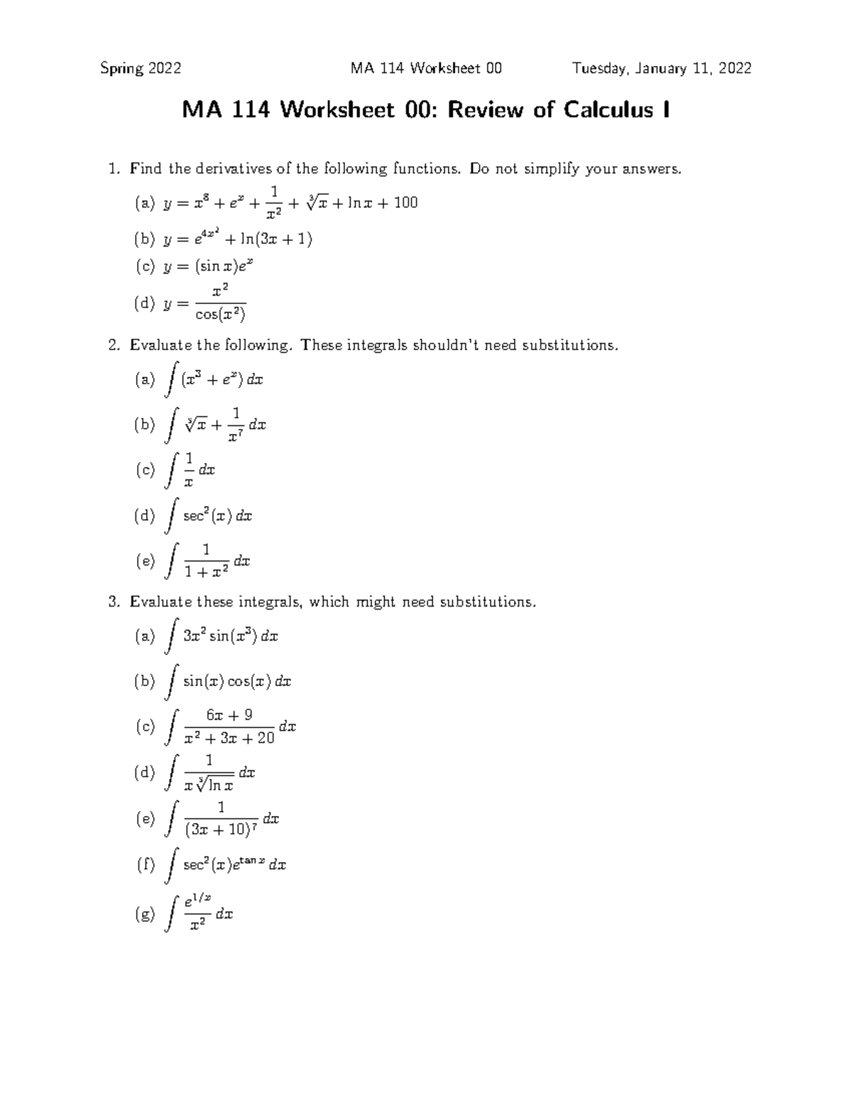 Worksheets......... - Spring 2022 MA 114 Worksheet 00 Tuesday, January ...