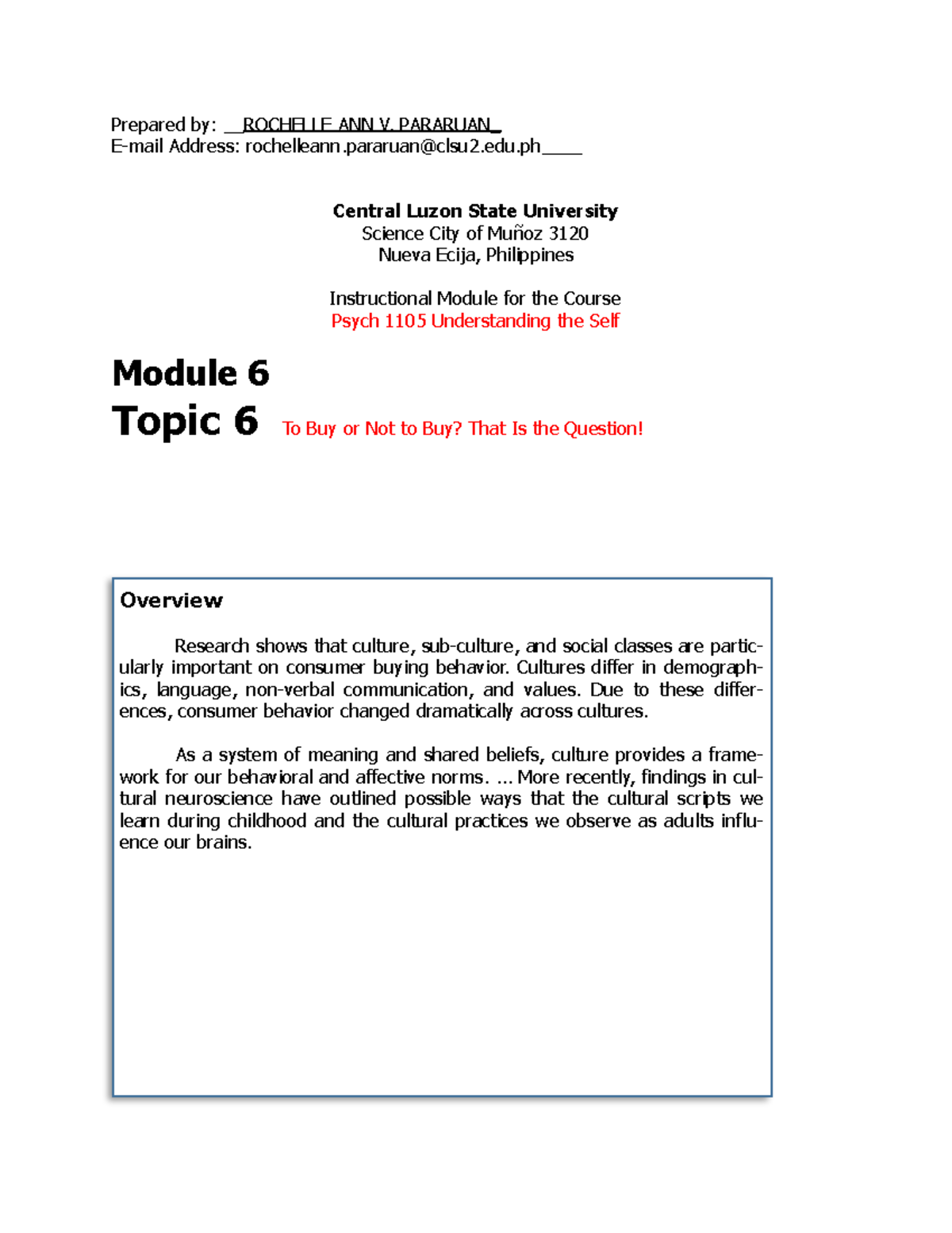 UTS Module 6 - DFGDFGD - Prepared by: ROCHELLE ANN V. PARARUAN E-mail Address: - Studocu