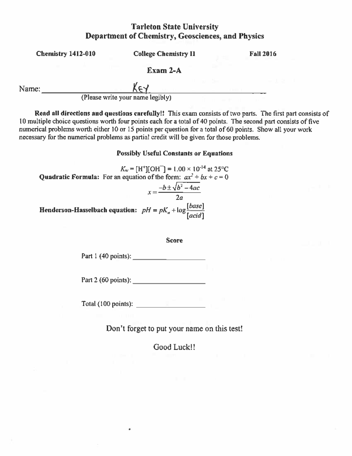 CHEM 1412 Exam 2A Key-2016 - CHEM 1412 - Studocu
