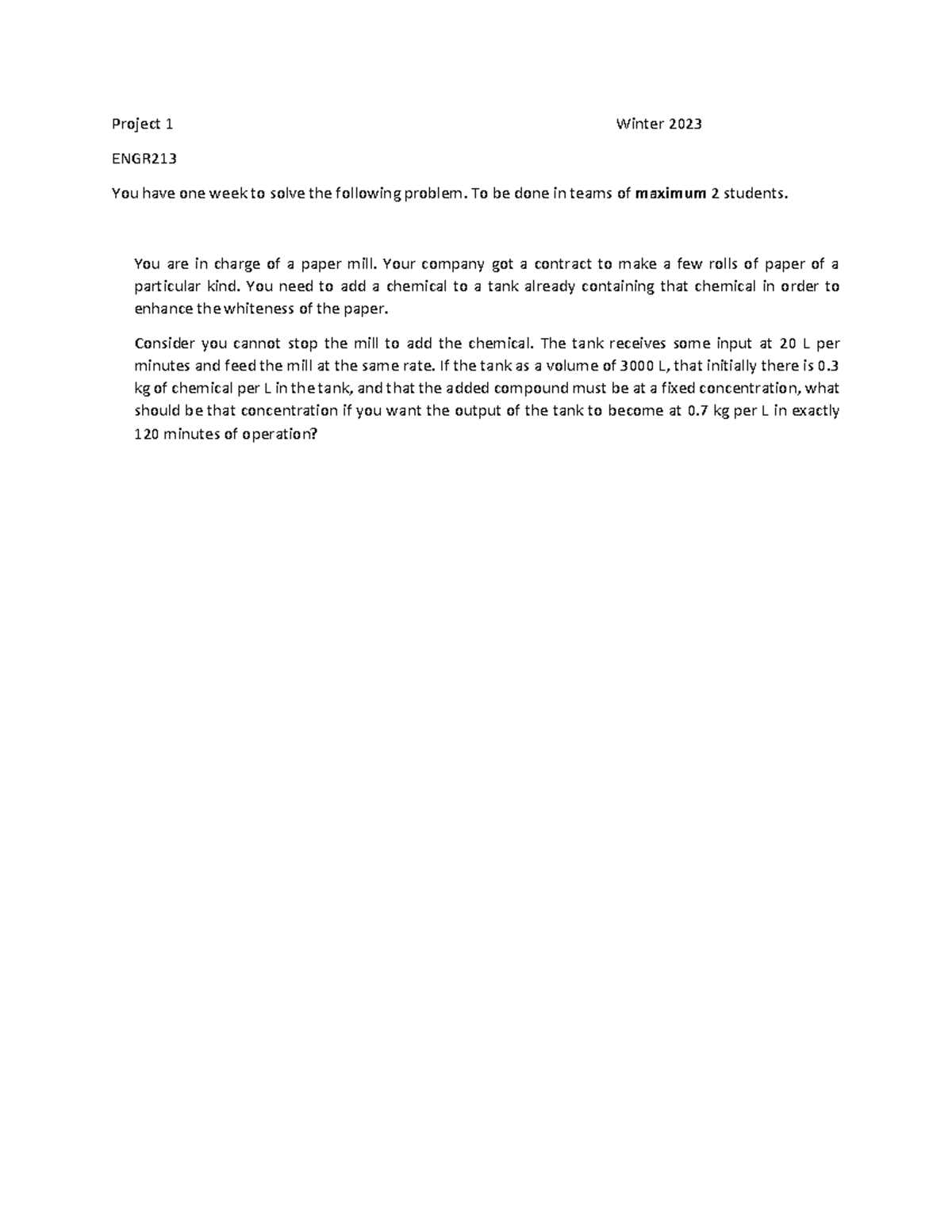 Project 1W 2023 - Project 1 Winter 2023 ENGR You have one week to solve ...