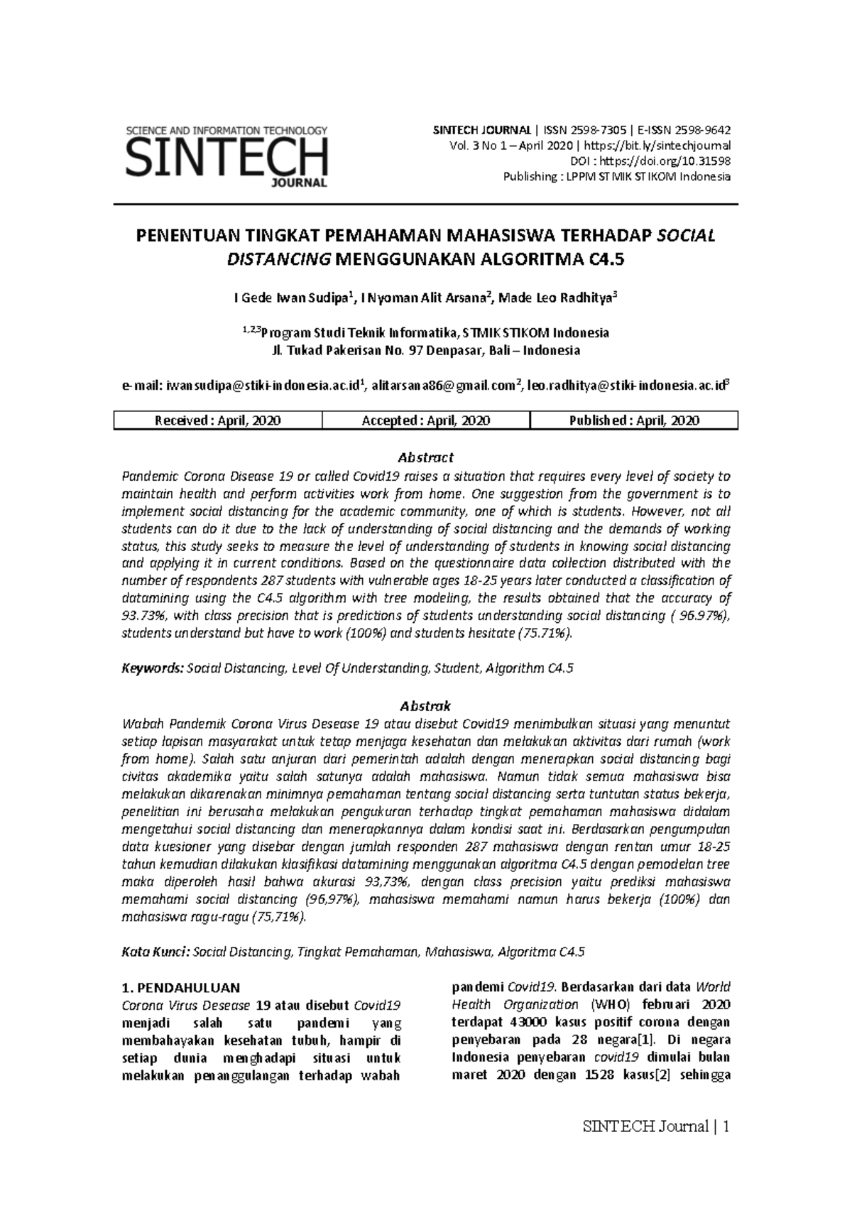 562-Article Text-2107-1-10-202004 20 - SINTECH JOURNAL | ISSN 2598-7305 ...