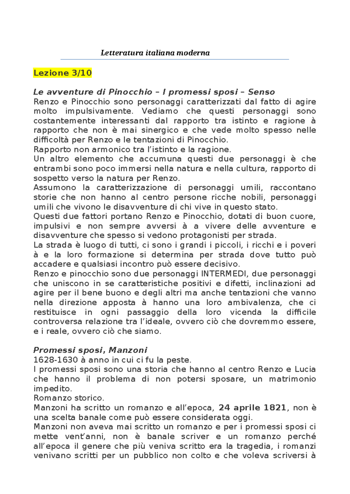 Letteratura Moderna - appunti lezione - Letteratura italiana moderna ...
