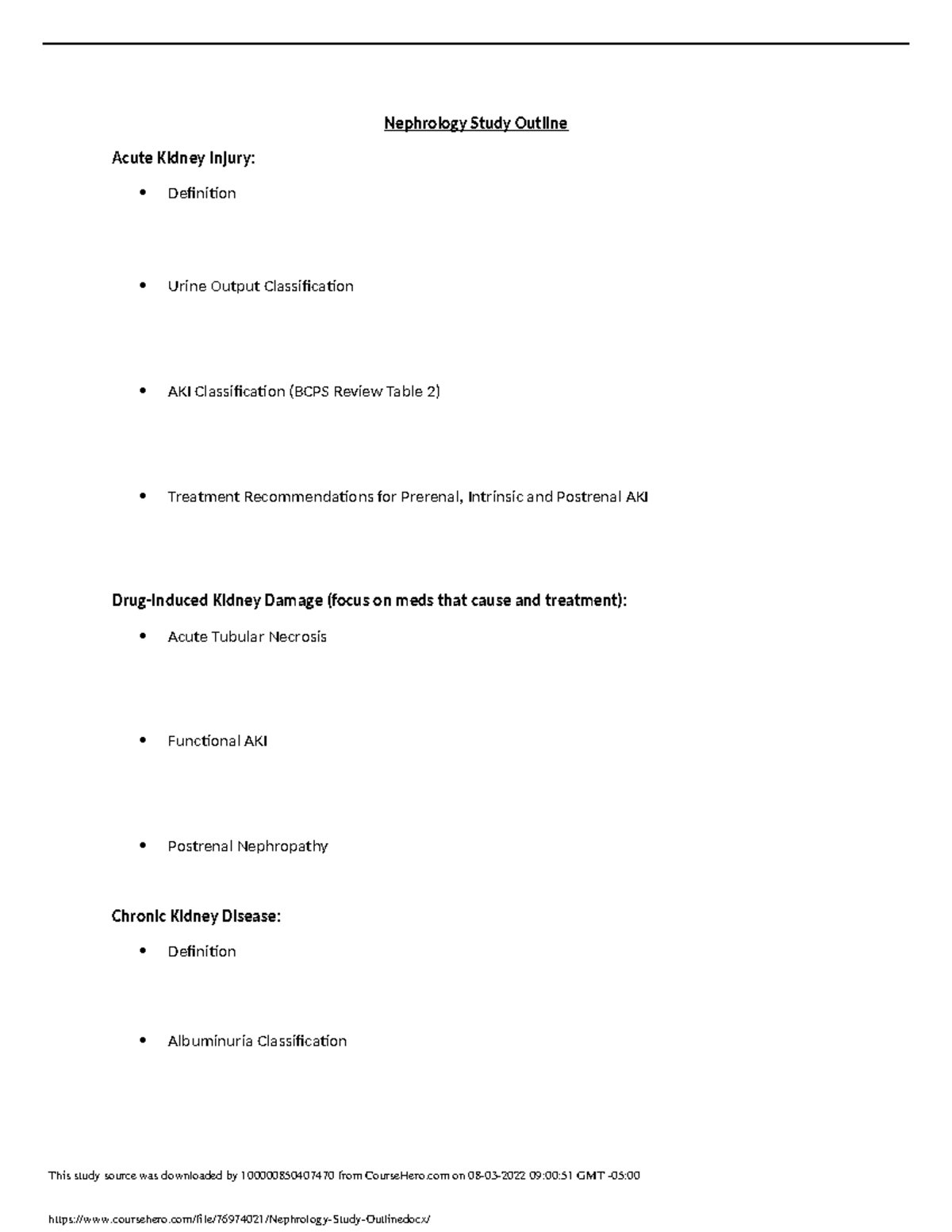Nephrology Study Outline - Nephrology Study Outline Acute Kidney Injury ...