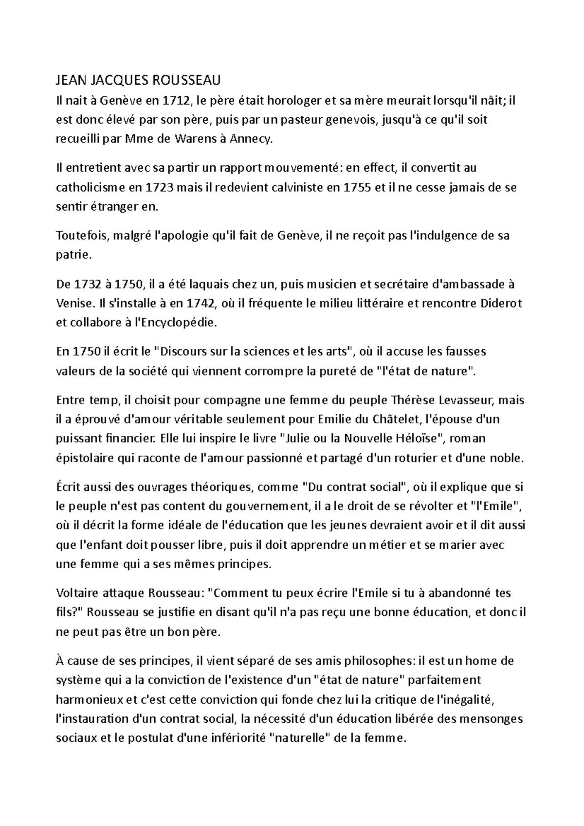 Francese - Jean Jacques Rousseau - JEAN JACQUES ROUSSEAU Il nait à ...