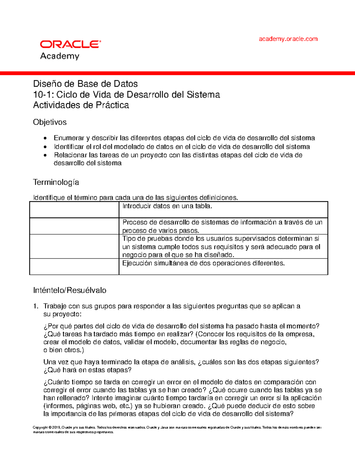DD 10 1 Practice esp - Copyright © 2019, Oracle y/o sus filiales. Todos ...