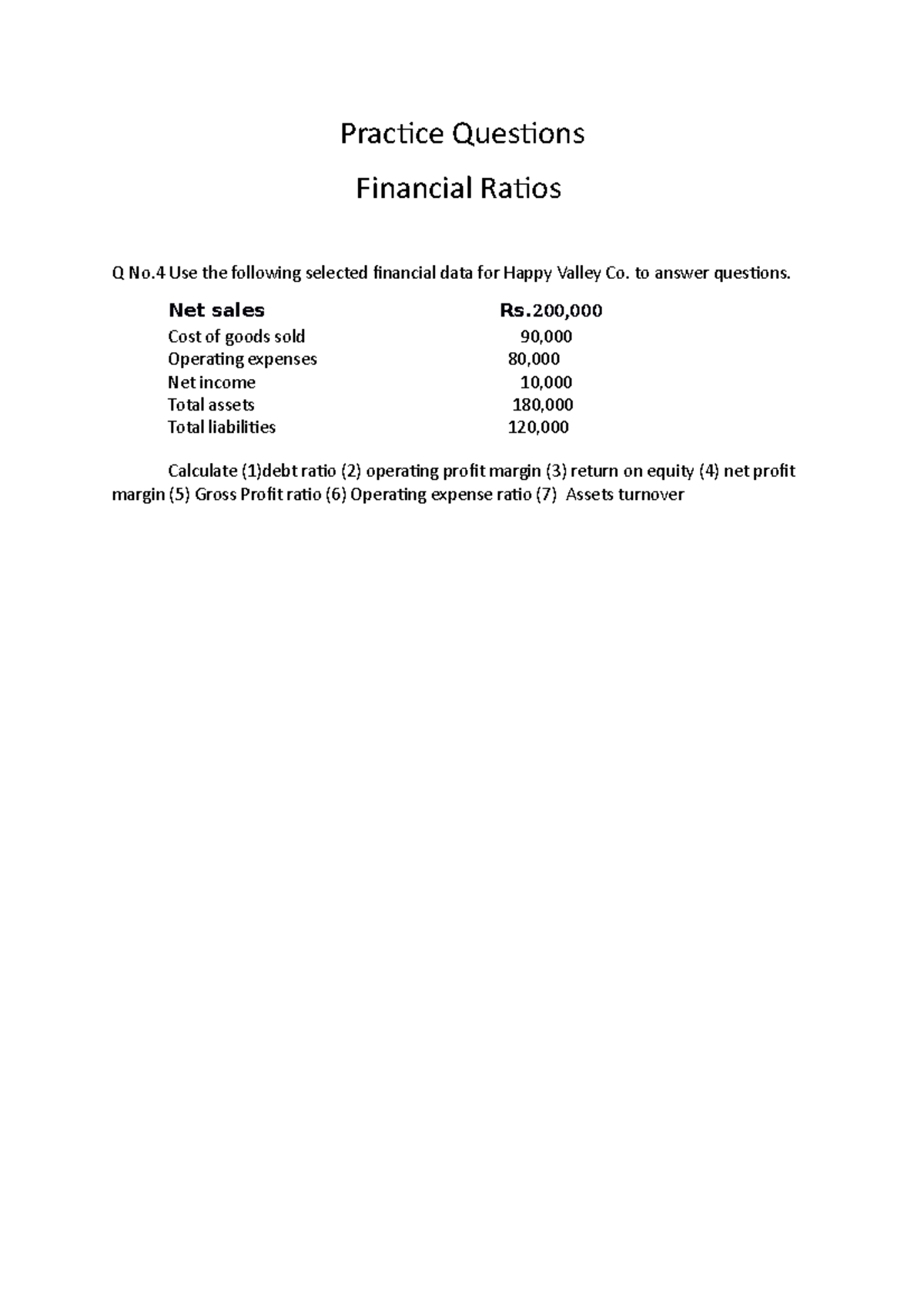 Practice Questions Ratios - Practice Questions Financial Ratios Q No ...
