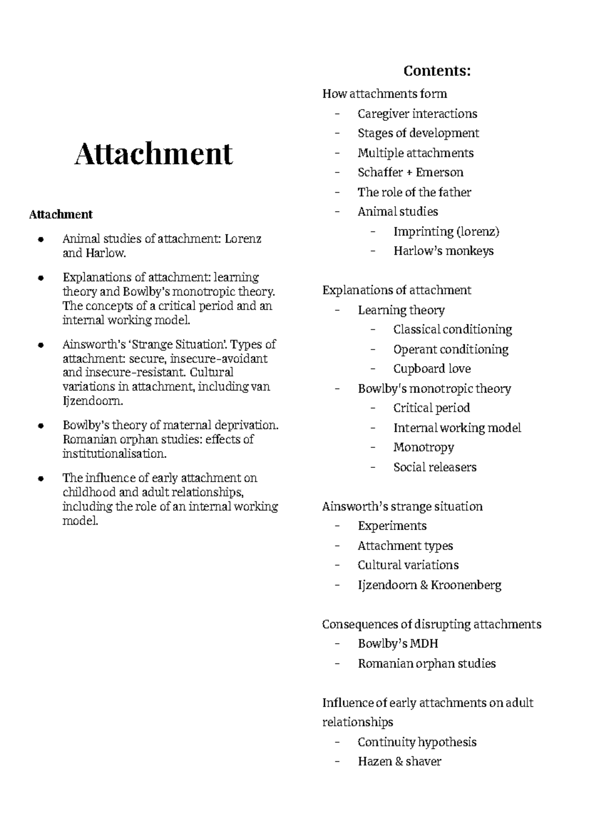 Attachment notes - Attachment Attachment Animal studies of attachment ...