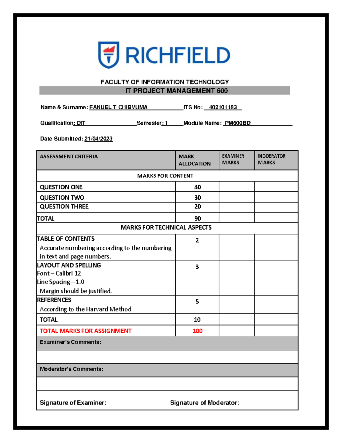 IT Project Management 600 Assignment 2 - FACULTY OF INFORMATION ...