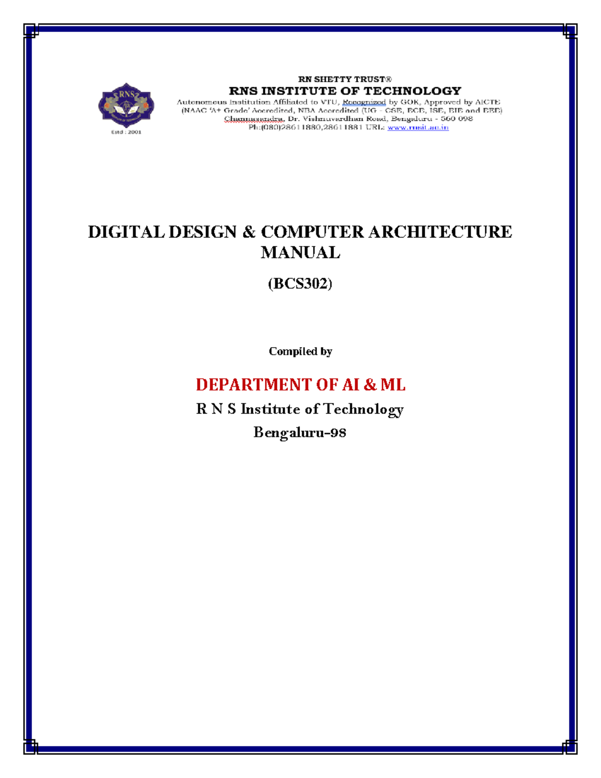 AIML-DD&CO Lab Manual - GOOD - DIGITAL DESIGN & COMPUTER ARCHITECTURE ...