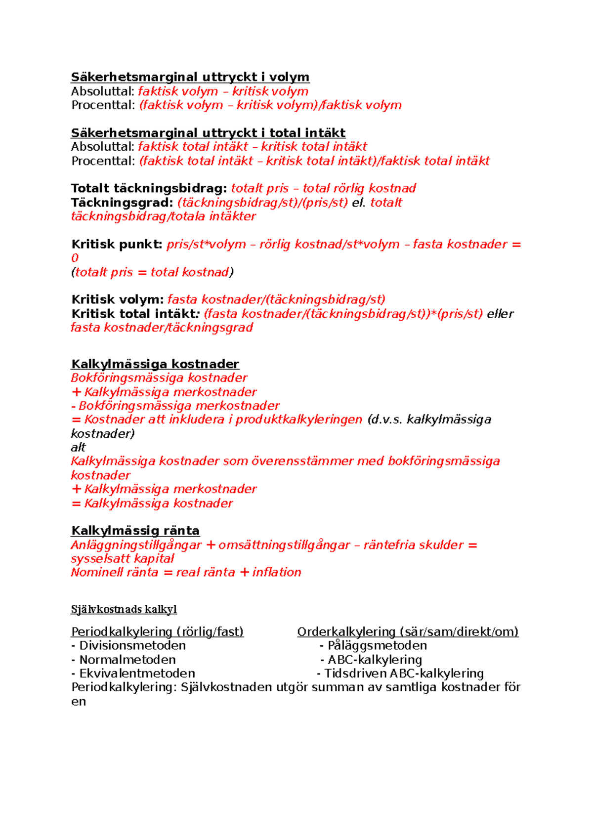 Formelblad - Säkerhetsmarginal uttryckt i volym Absoluttal: faktisk ...