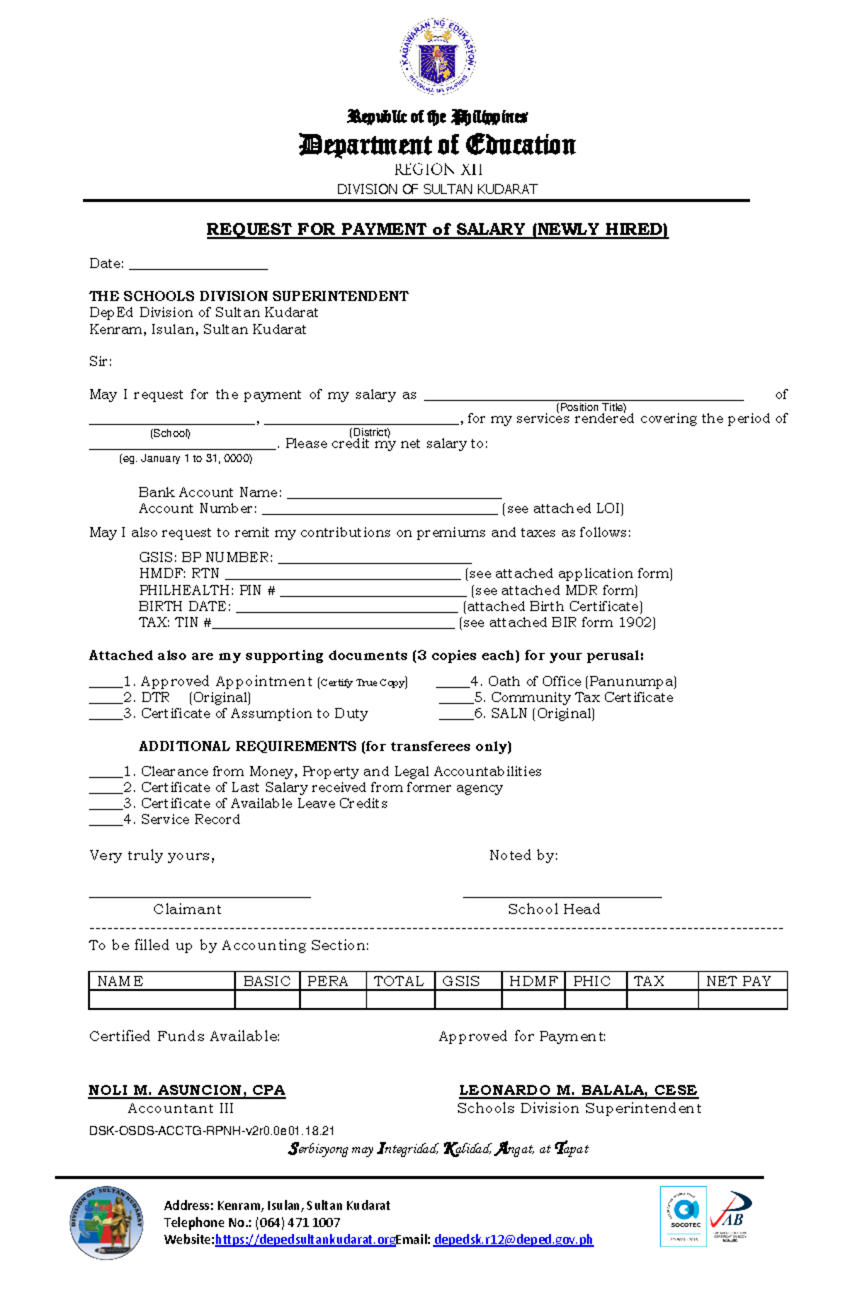 Request for Payment of Salary Newly Hired - Republic of the Philippines ...