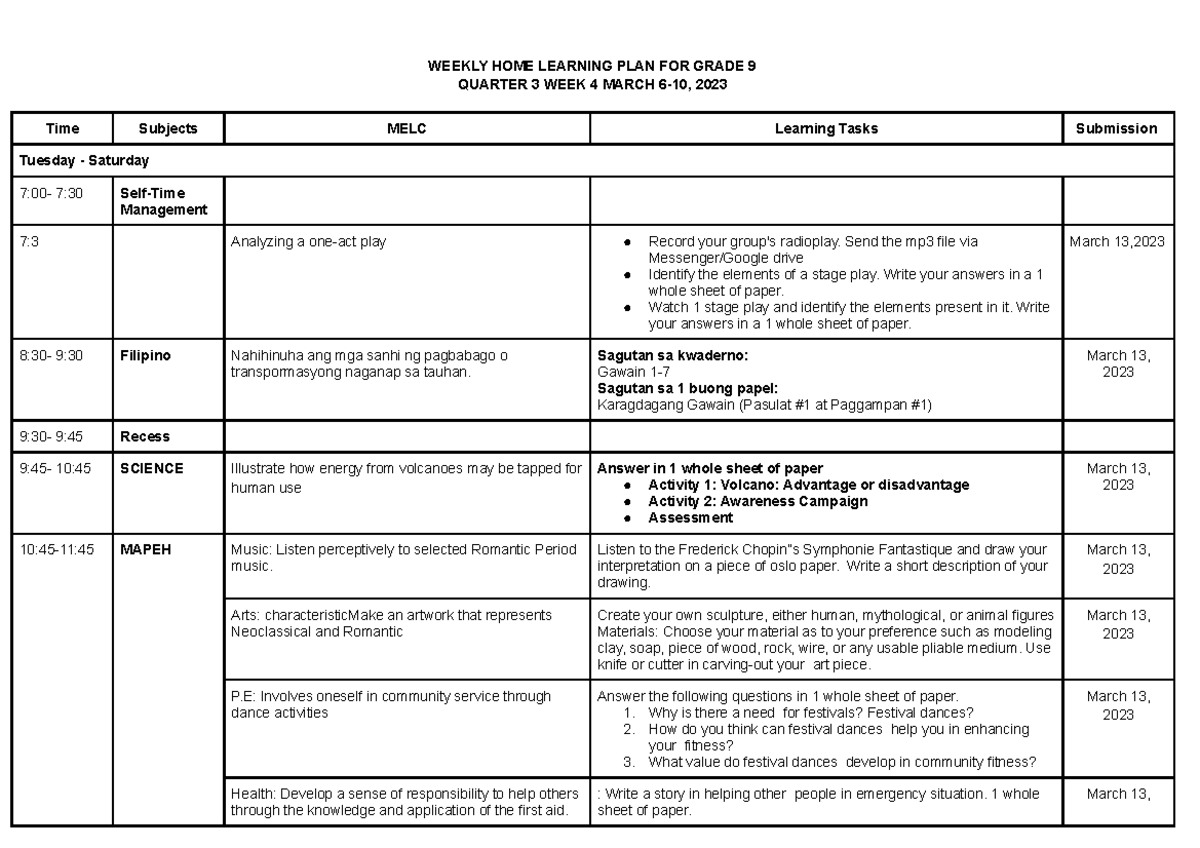 Quarter 3 WHLP Module - none - WEEKLY HOME LEARNING PLAN FOR GRADE 9 ...