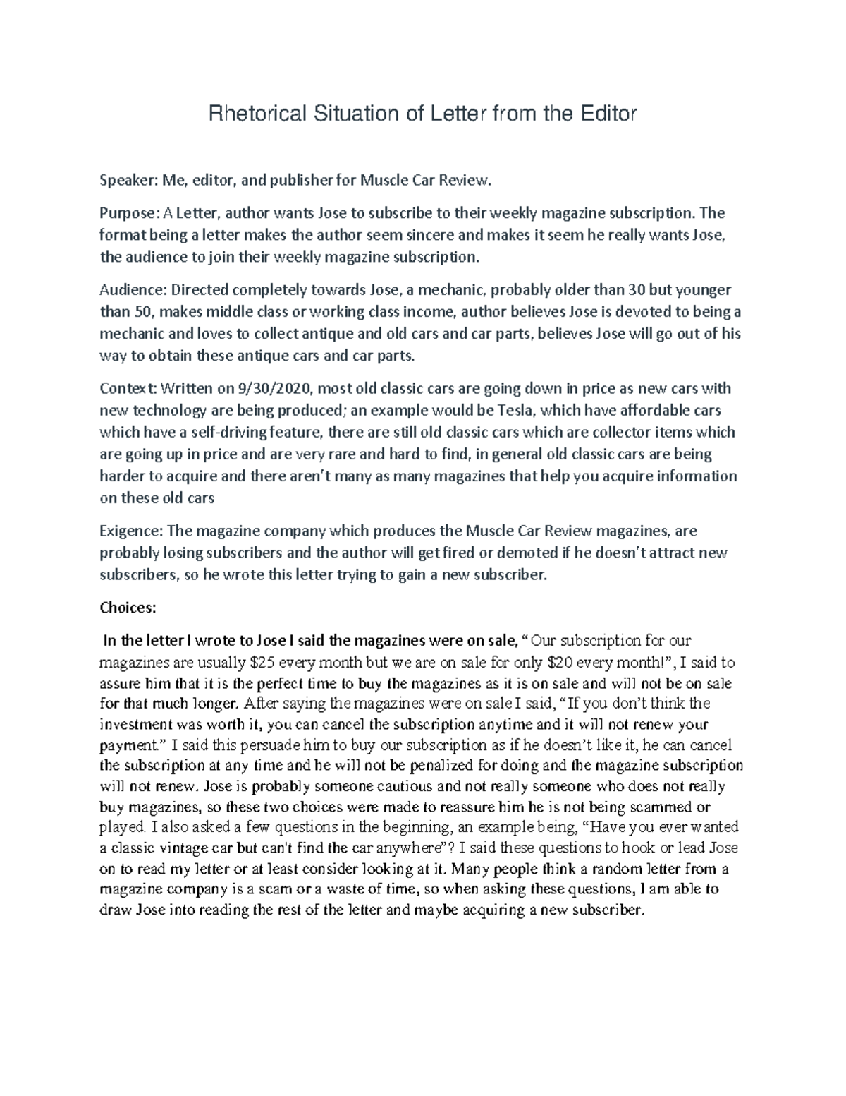 Rhetorical Analysis Letter - Rhetorical Situation of Letter from the ...