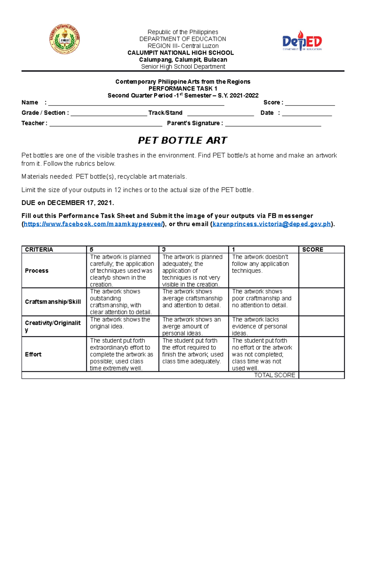 2nd Quarter-Performance Task 1 - Republic of the Philippines DEPARTMENT ...