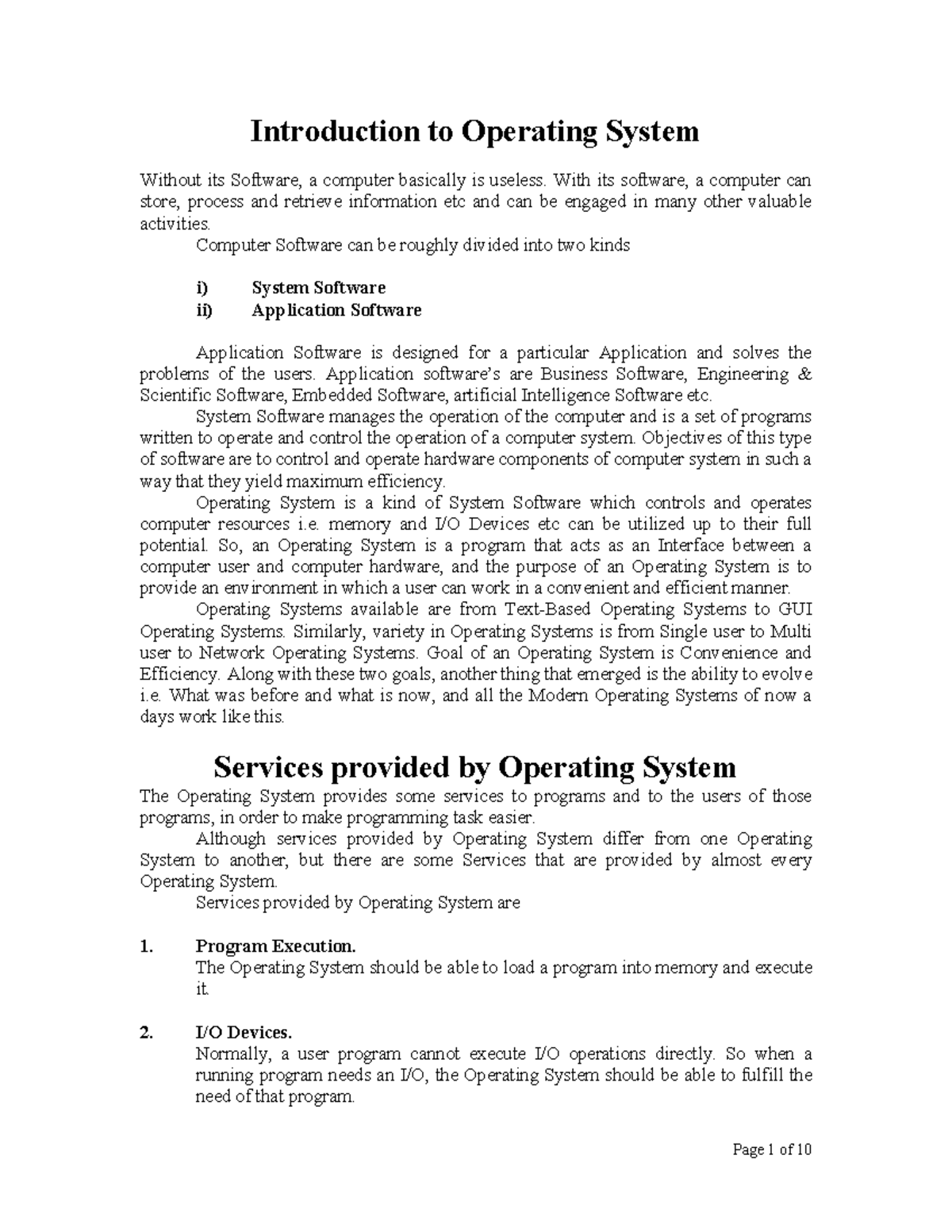 1 Introduction Lecture Notes 1 Introduction To Operating System Without Its Software A