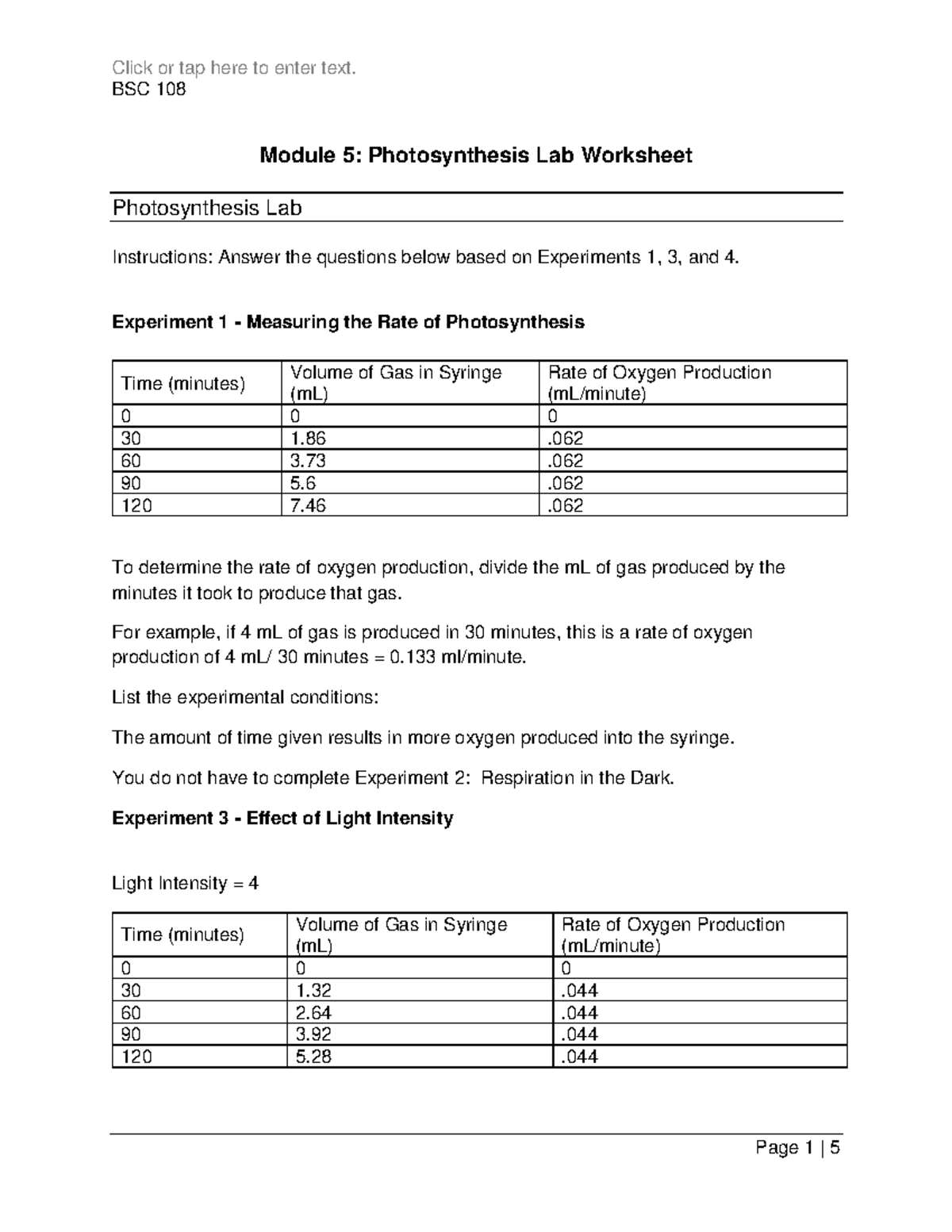 Lab 5 Photosynthesis Worksheet - BSC 108 Module 5: Photosynthesis Lab ...