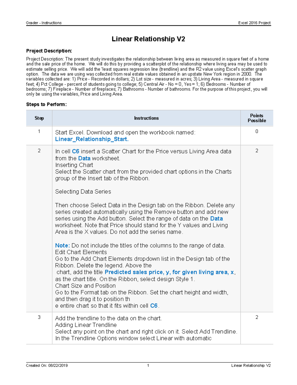 Linear Relationship V2 Instructions - Grader - Instructions Excel 2016 Project Linear ...