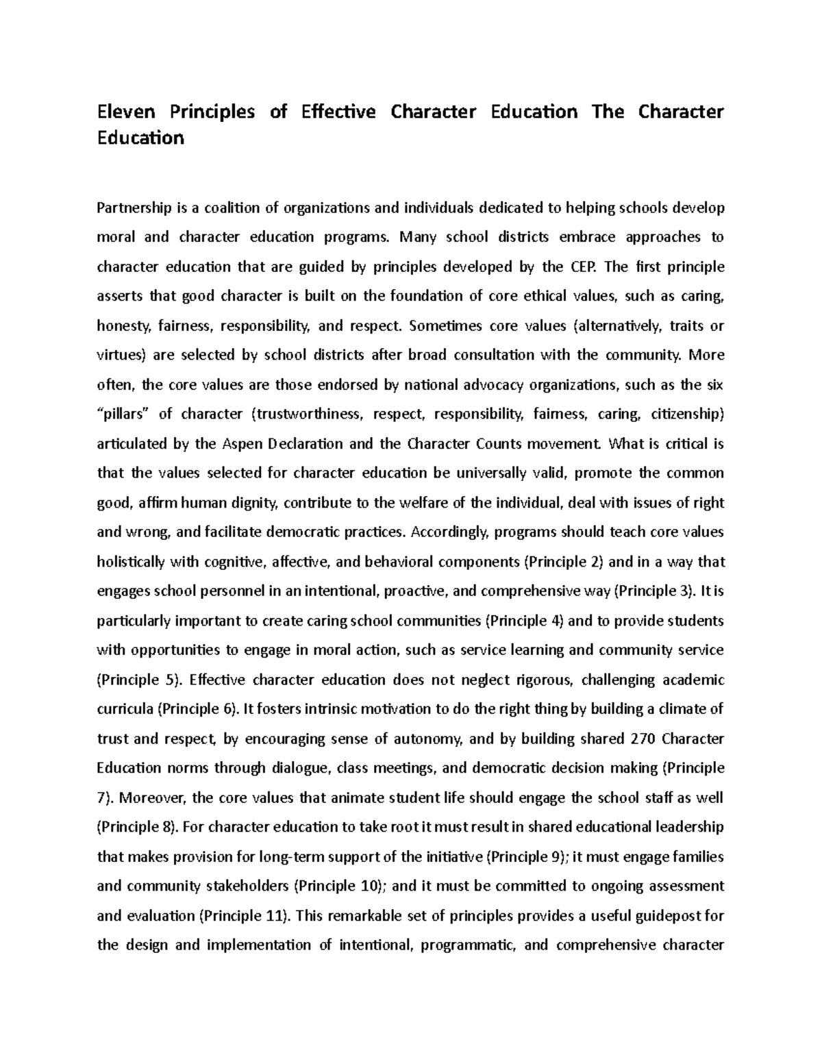 Eleven Principles of Effective Character Education The Character ...