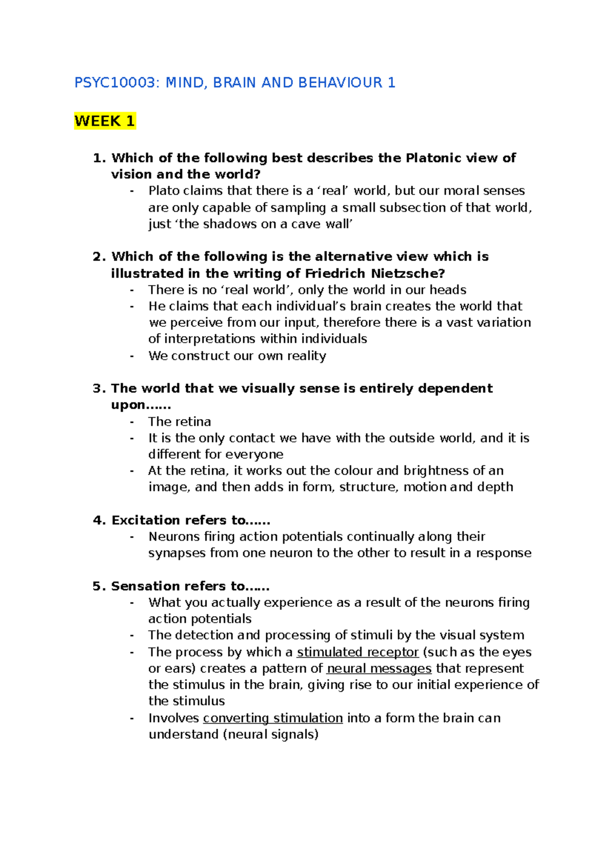 Sensation and Perception (full answers) - PSYC10003: MIND, BRAIN AND BEHAVIOUR 1 WEEK 1 Which of ...