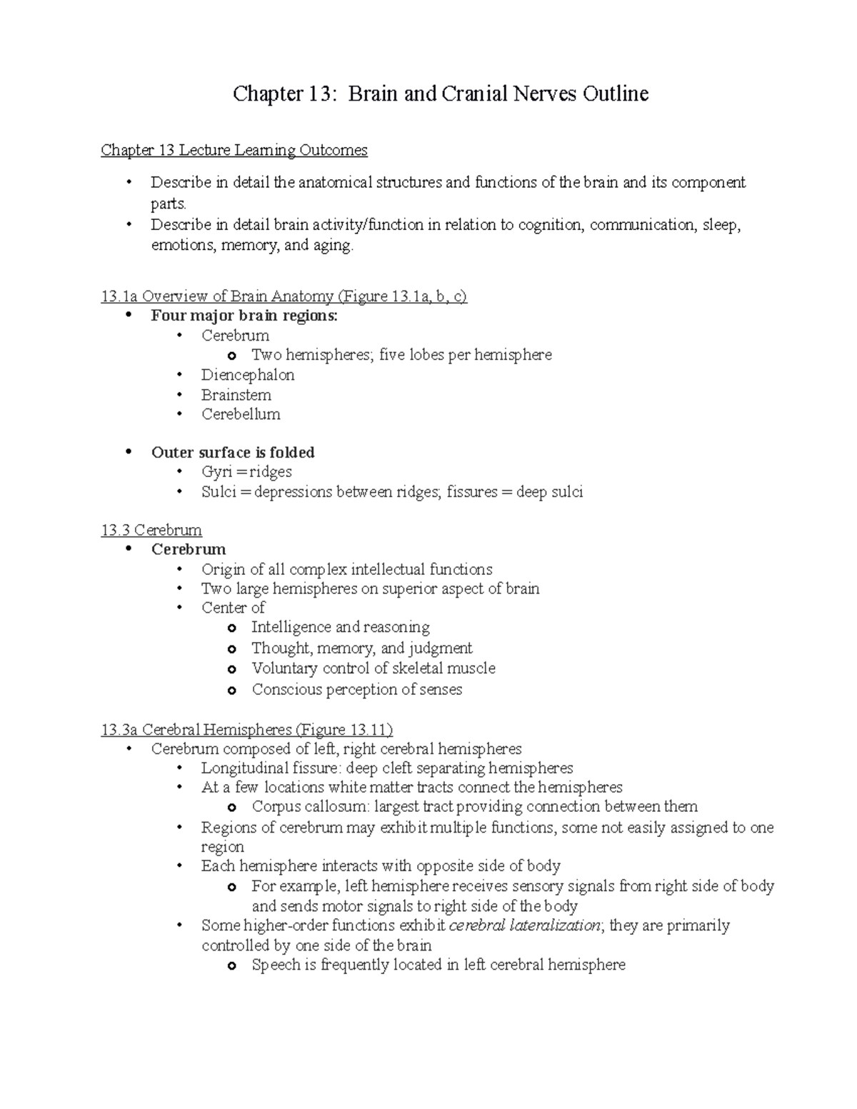 Lecture Outline - Chapter 13 Brain and Cranial Nerves - BIO 210 - Greenville Tech - Studocu