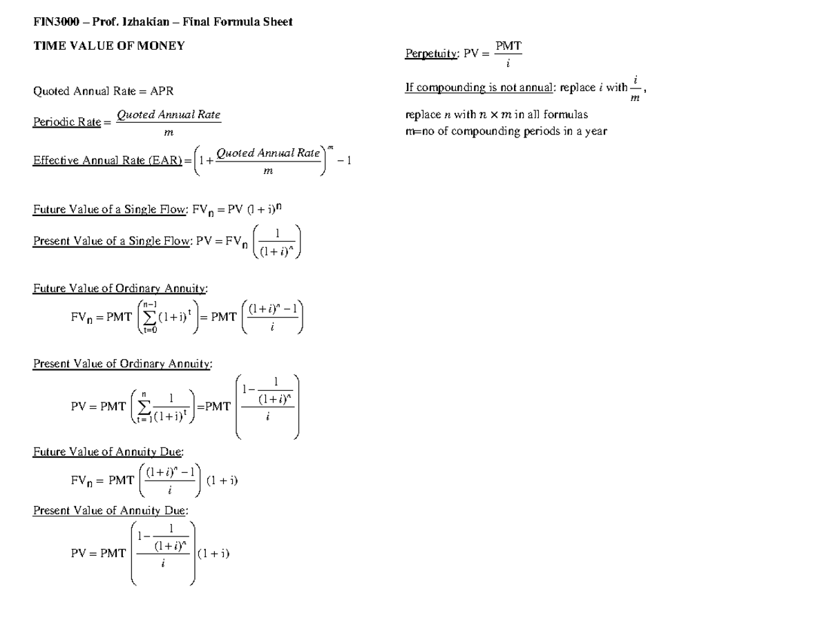 Formula Sheet-Final - Summary Principles Of Finance - FIN3000 – Prof ...