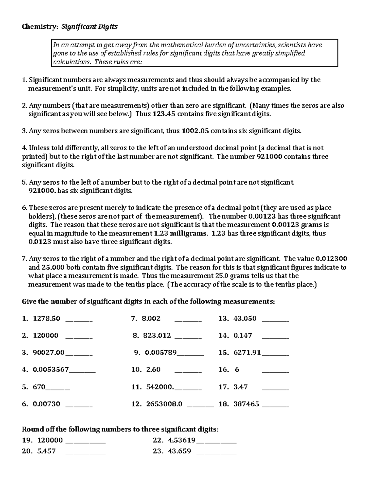 Significant Digits Worksheet 2 Chemistry Significant Digits