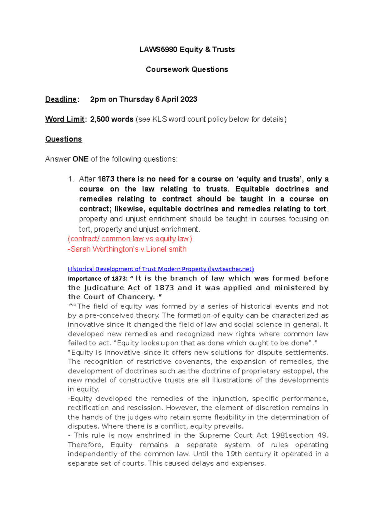 LAWS5980 Equity and Trusts - Coursework Questions 2023 - LAWS5980 ...