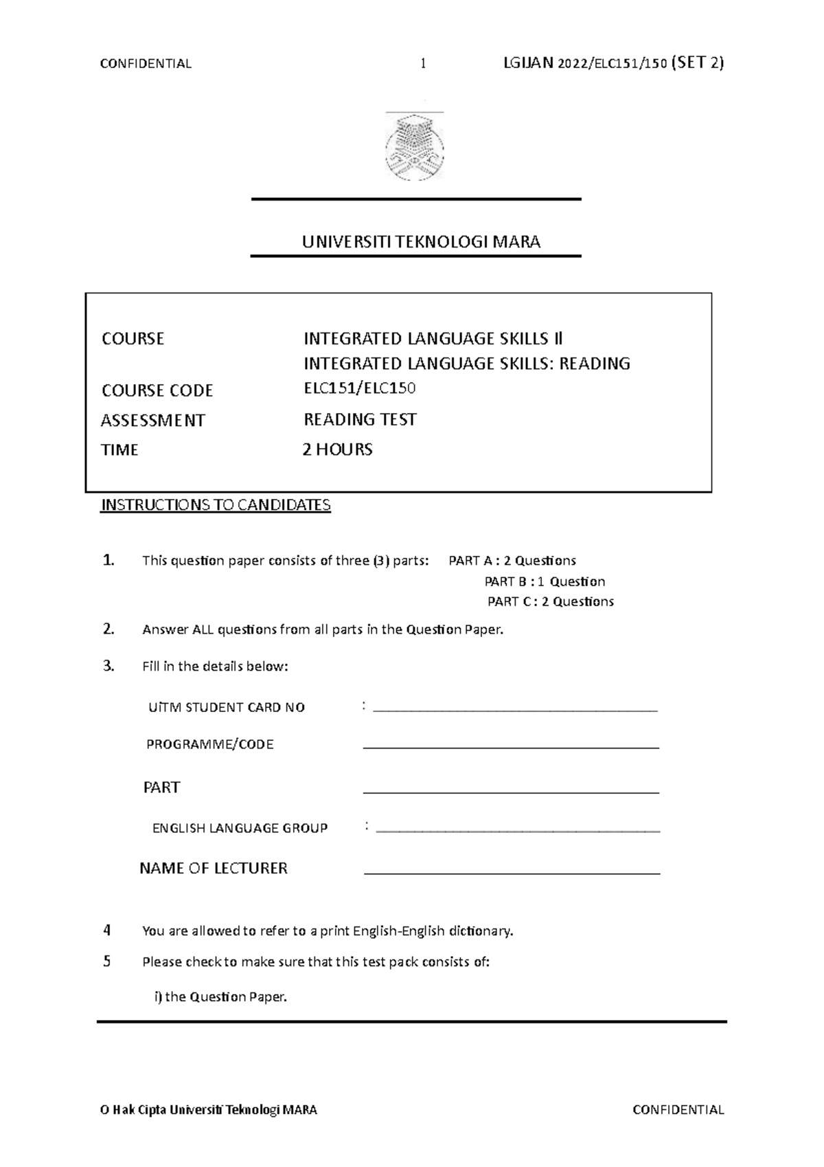 ELC PAST YEAR Reading TEST SET 2 - UNIVERSITI TEKNOLOGI MARA COURSE ...