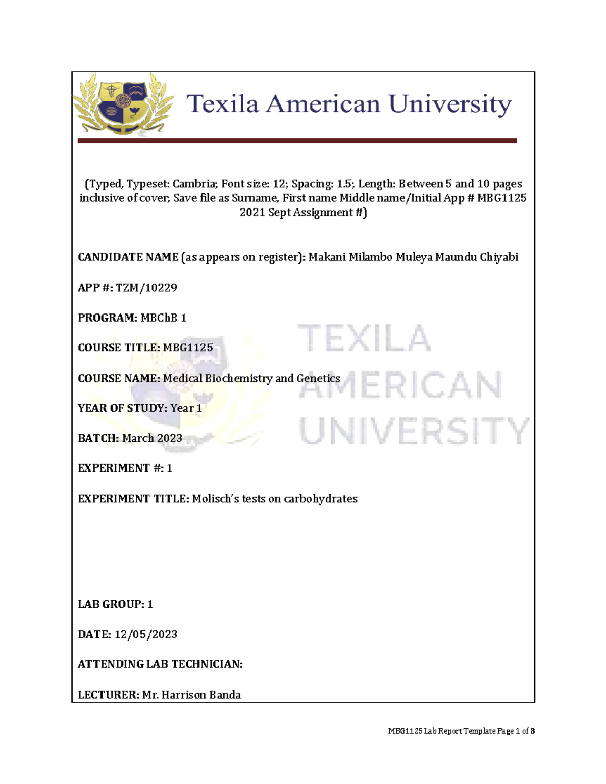 MBG1125-LAB- Report - (Typed, Typeset: Cambria; Font size: 12; Spacing ...