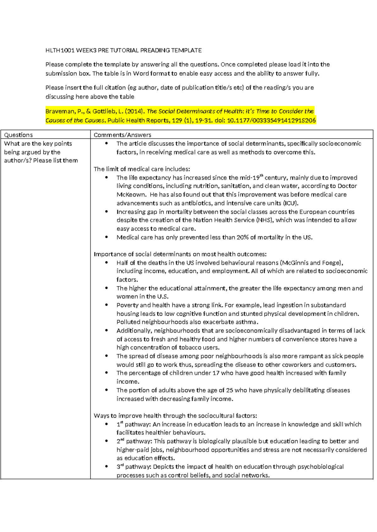 HLTH WEEK 3 Tutorial PRE Reading Template 2024 - HLTH1001 WEEK3 PRE TUTORIAL PREADING TEMPLATE ...