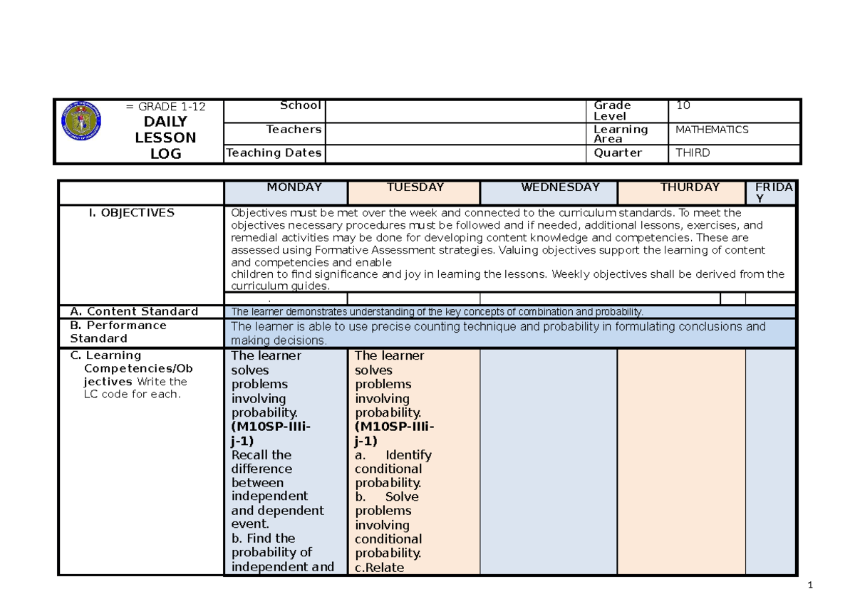 DLL- WEEK5 LC44 - Guide Daily lesson log - 1 = GRADE 1- DAILY LESSON ...