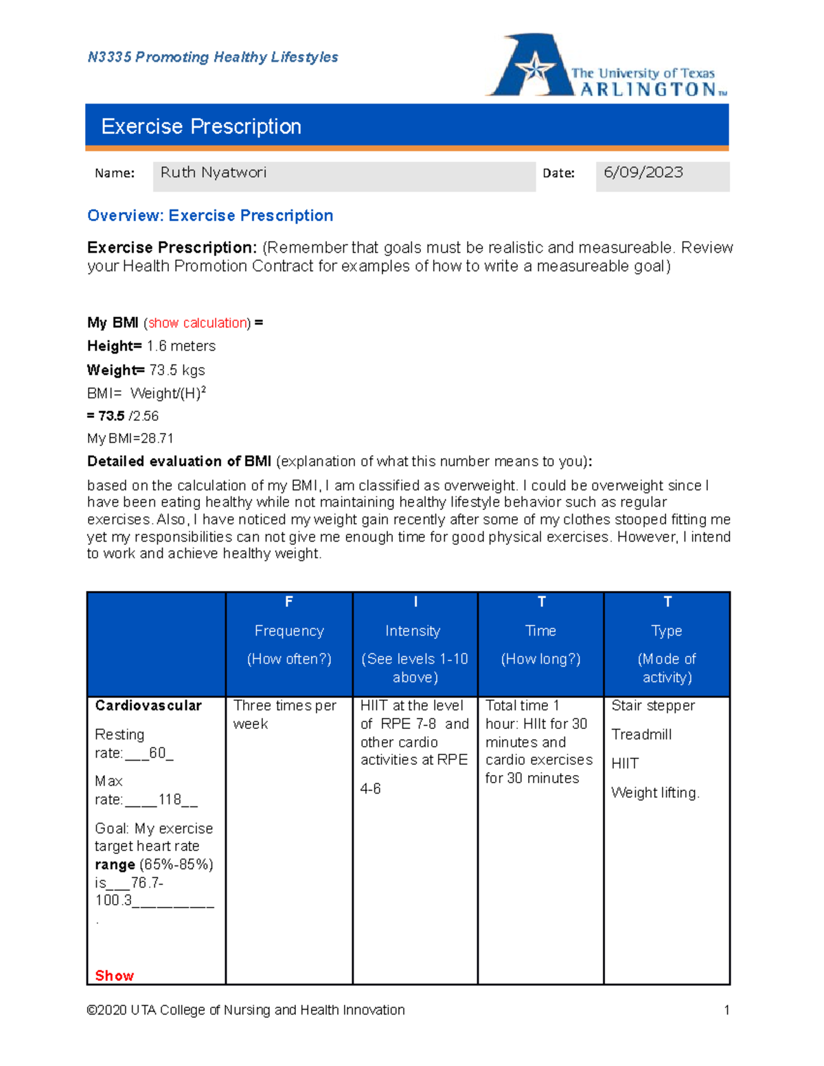 FITT Exercise Prescription Su20 - N3335 Promoting Healthy Lifestyles ...