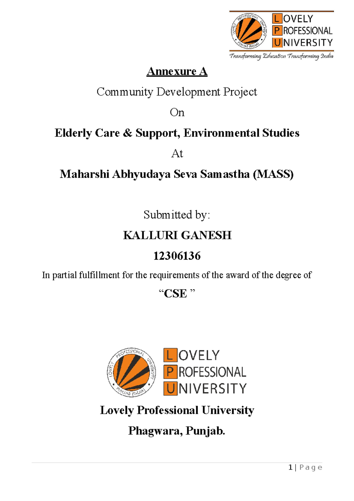 My Report - goood - Annexure A Community Development Project On Elderly ...