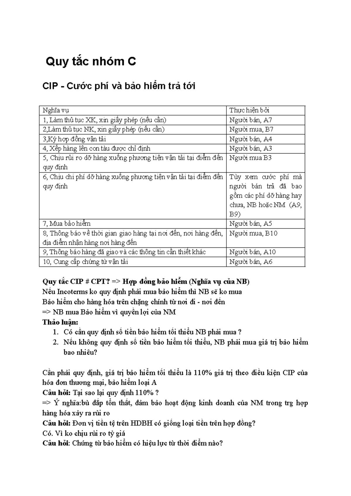 Báo cáo buổi 10 - Quy tắc CIP # CPT? => Hợp đồng bảo hiểm (Nghĩa vụ của ...