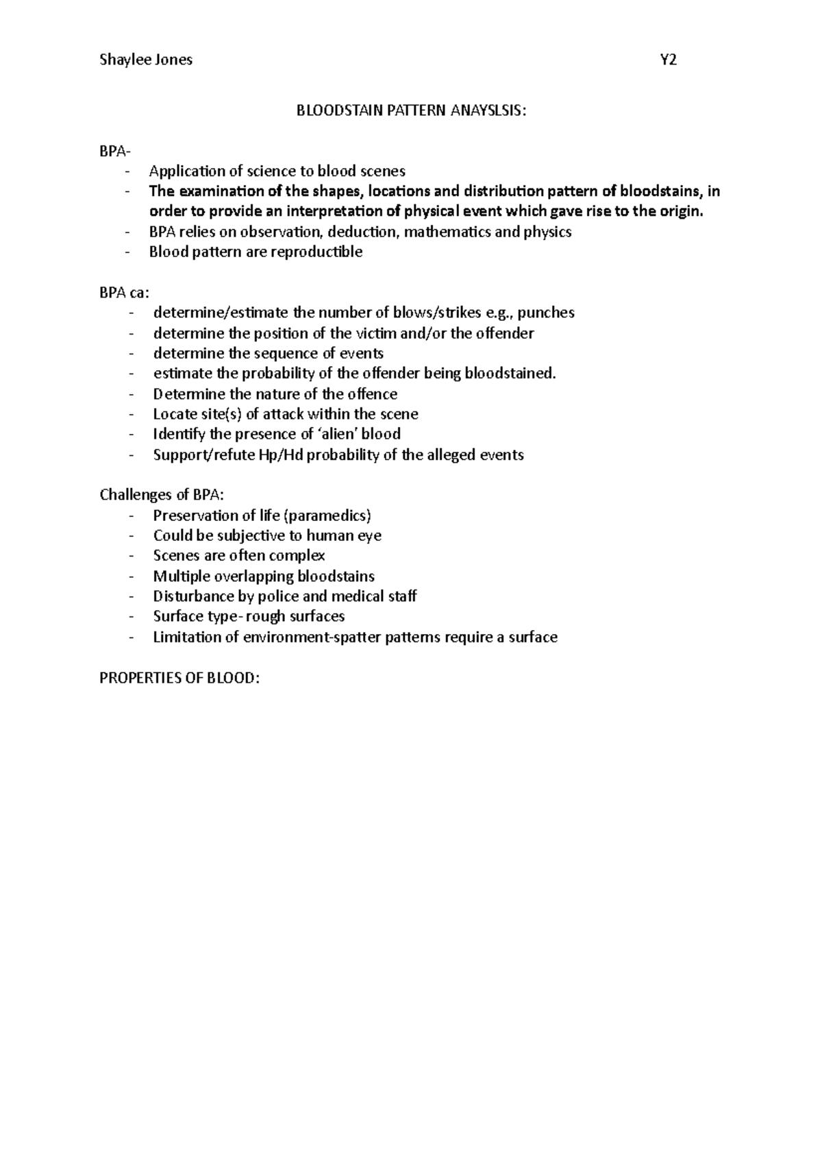 Bloodstain Pattern Anayslsis- Shaylee Jones Y BLOODSTAIN PATTERN ...
