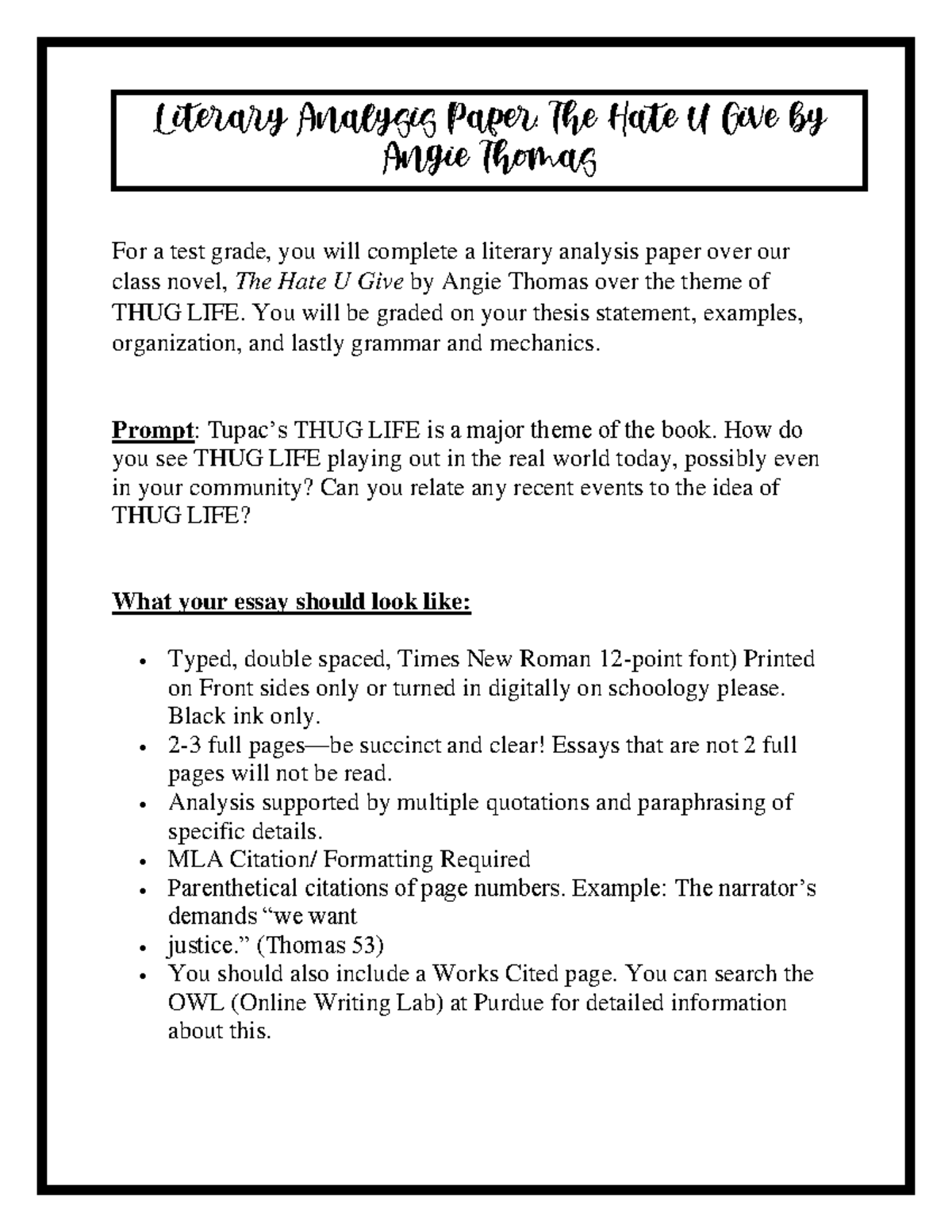 Assignment Guidelines - For a test grade, you will complete a literary ...