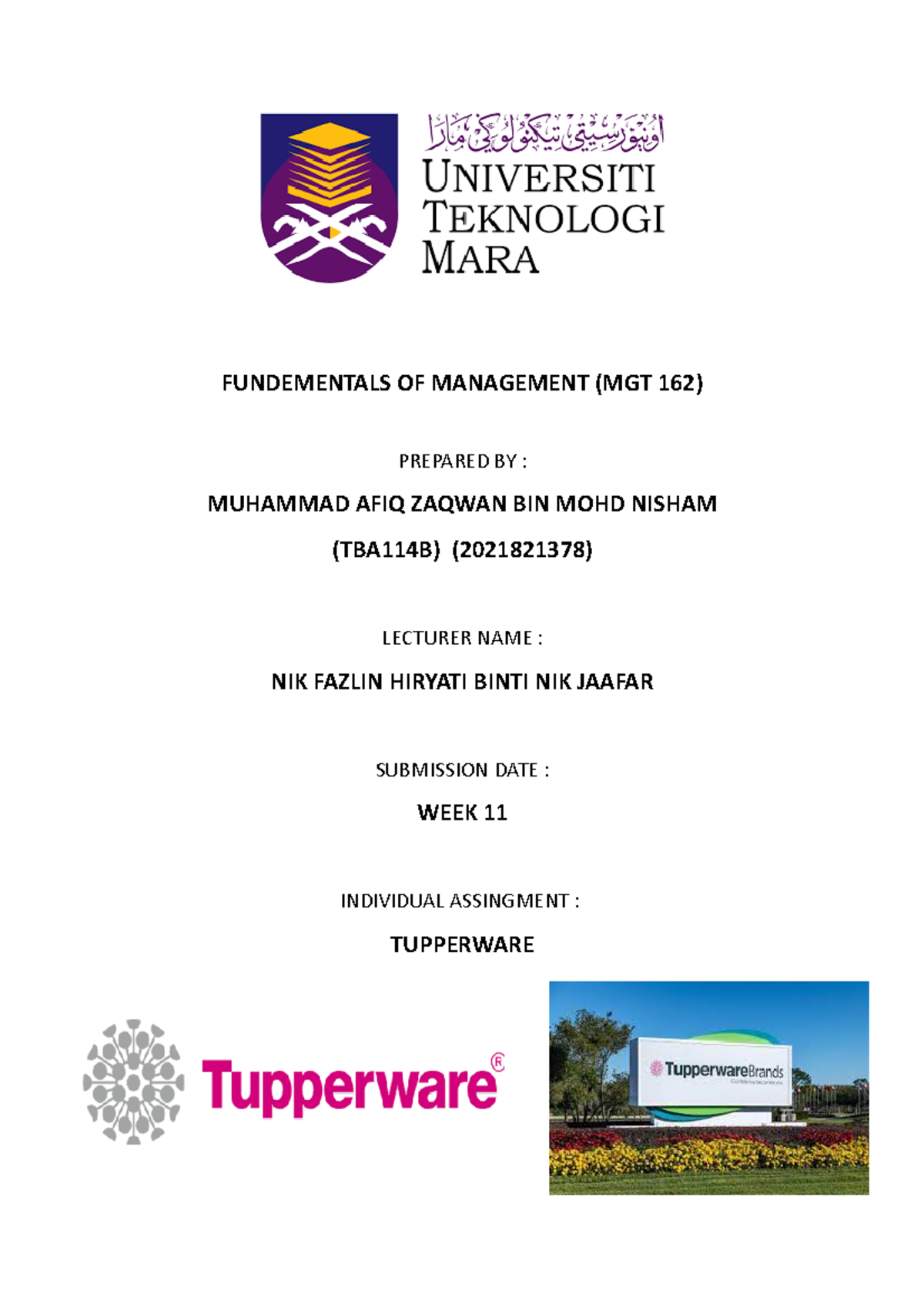 Individual Assingment MGT - FUNDEMENTALS OF MANAGEMENT (MGT 162 ...