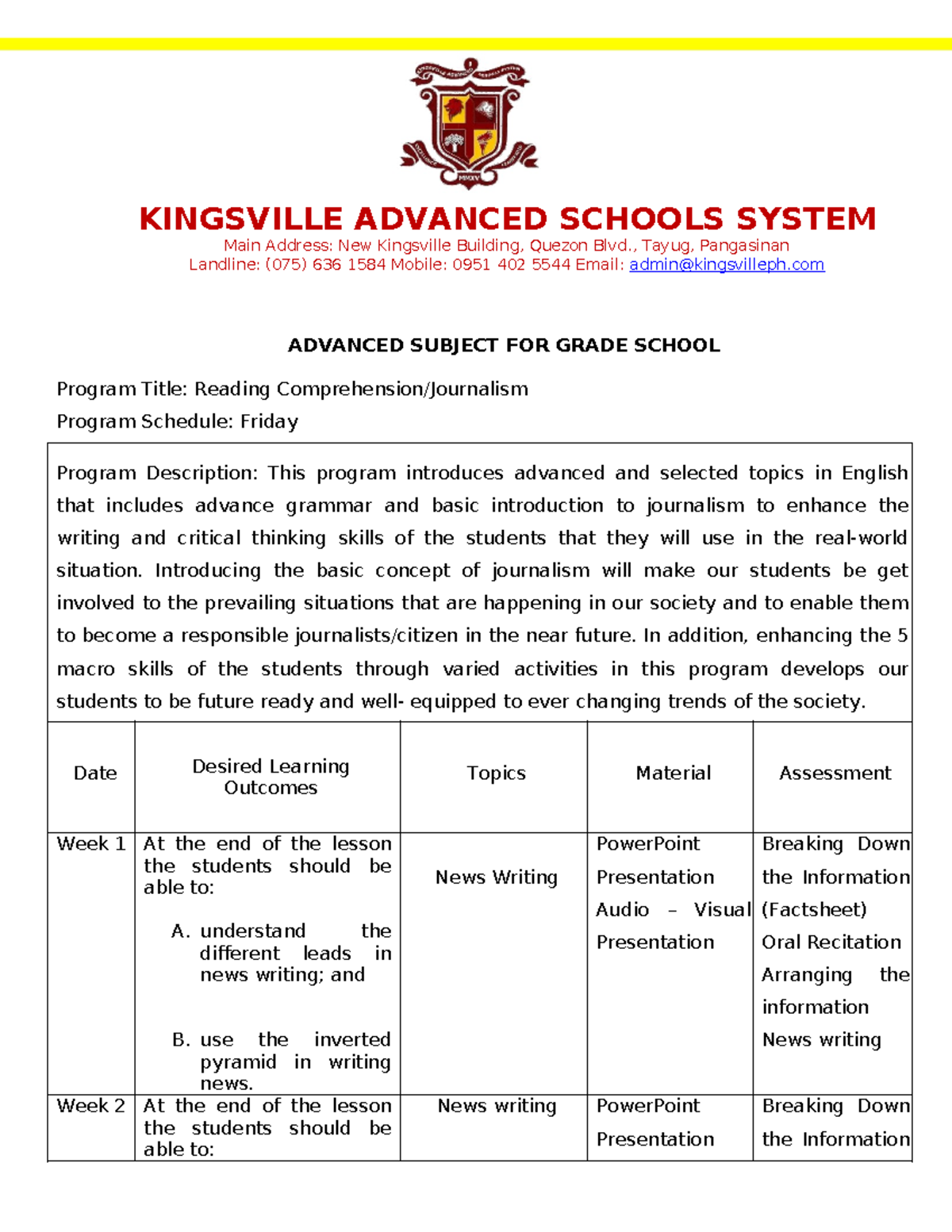 Advanced English Syllabus - KINGSVILLE ADVANCED SCHOOLS SYSTEM Main ...