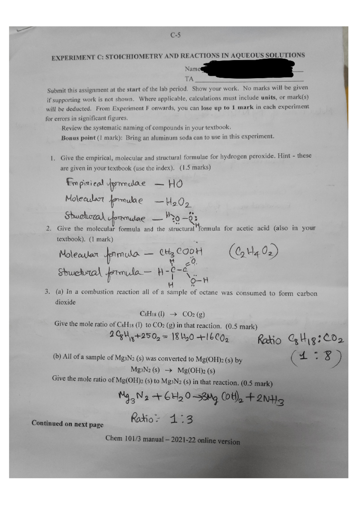 Experiment C report - Chem101 - Studocu