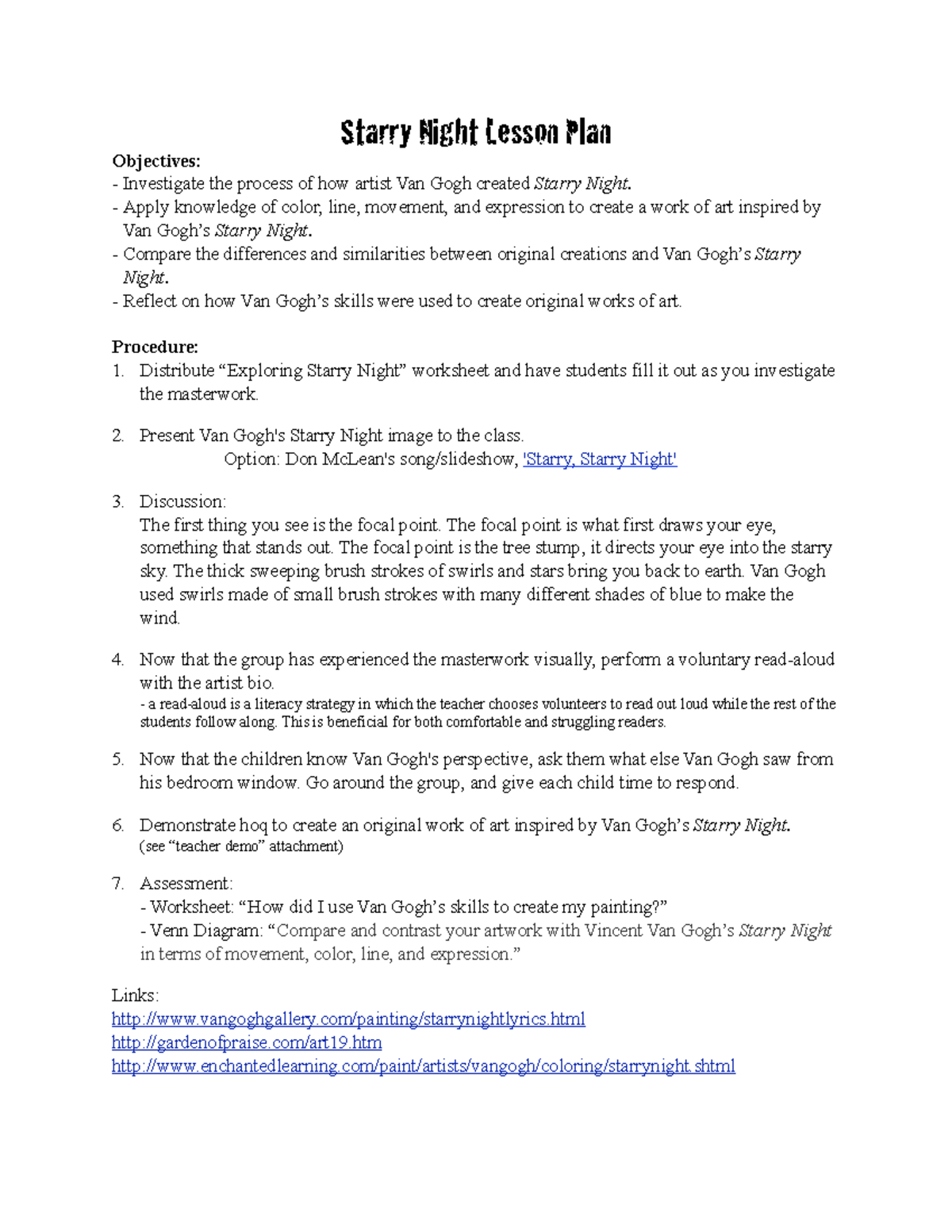 8 - ...... - Starry Night Lesson Plan Objectives: Investigate the ...