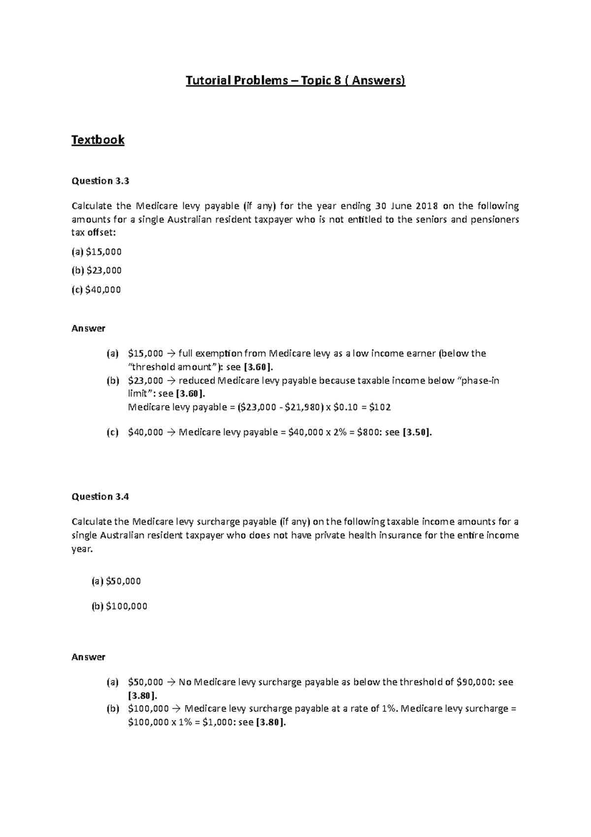 Tutorial Problems- Topic 8 - 2018- Answers - Tutorial Problems Topic 8 ( Answers) Textbook ...