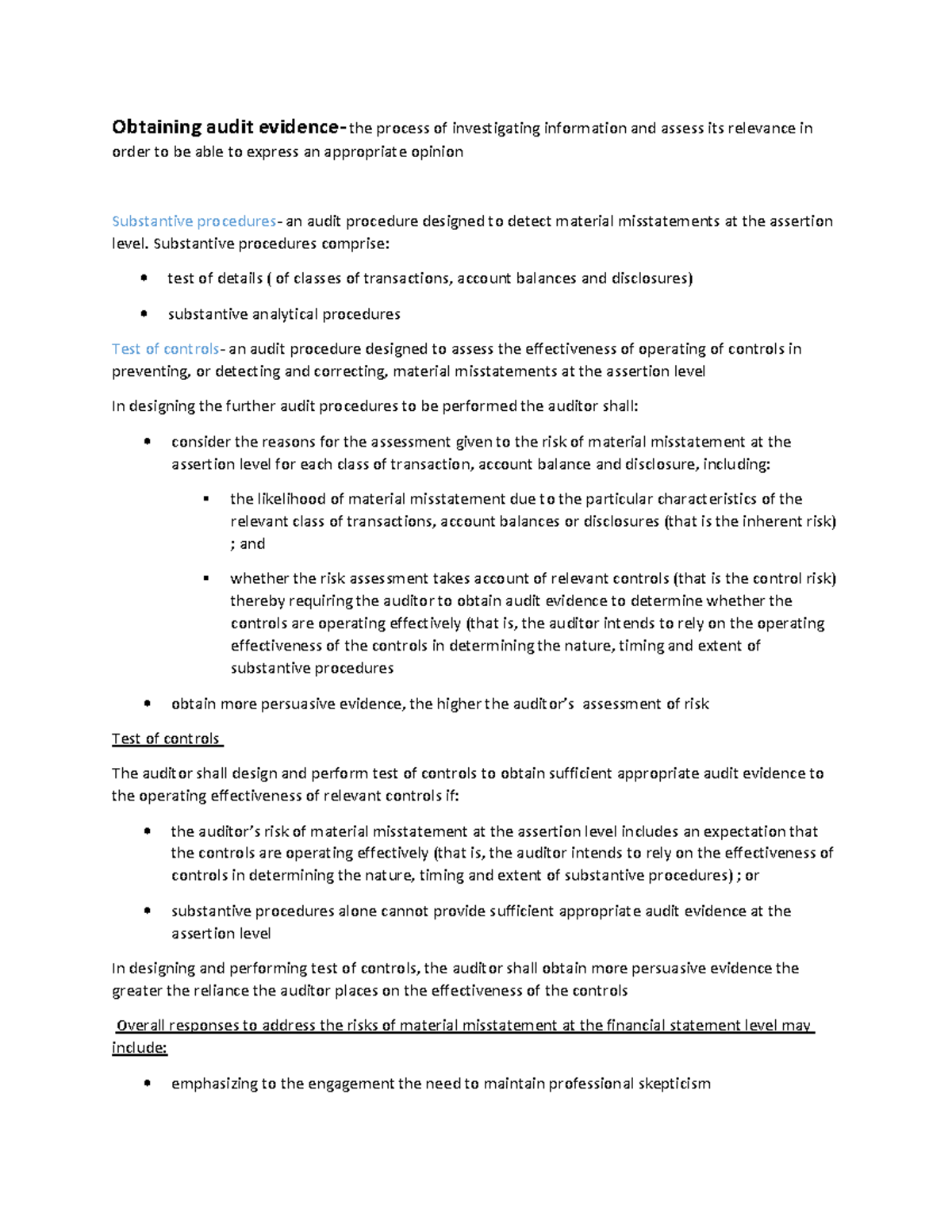 AUE3701 Notes 2 - Obtaining audit evidence- the process of ...