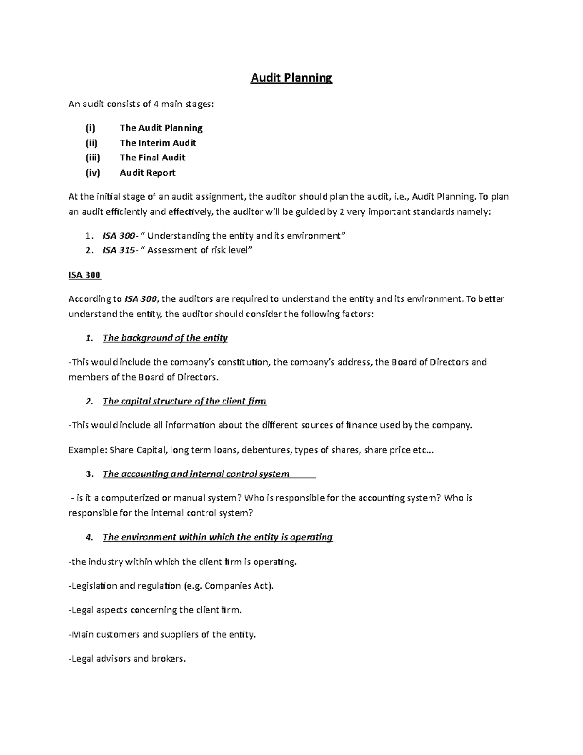 Auditing Full Notes - Audit Planning An audit consists of 4 main stages ...