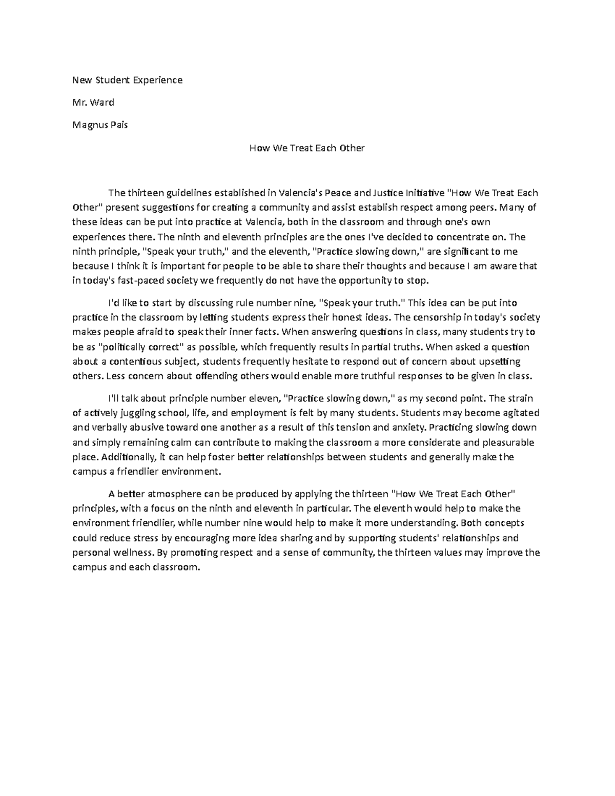 How We Treat Each Other Reflection - New Student Experience Mr. Ward ...