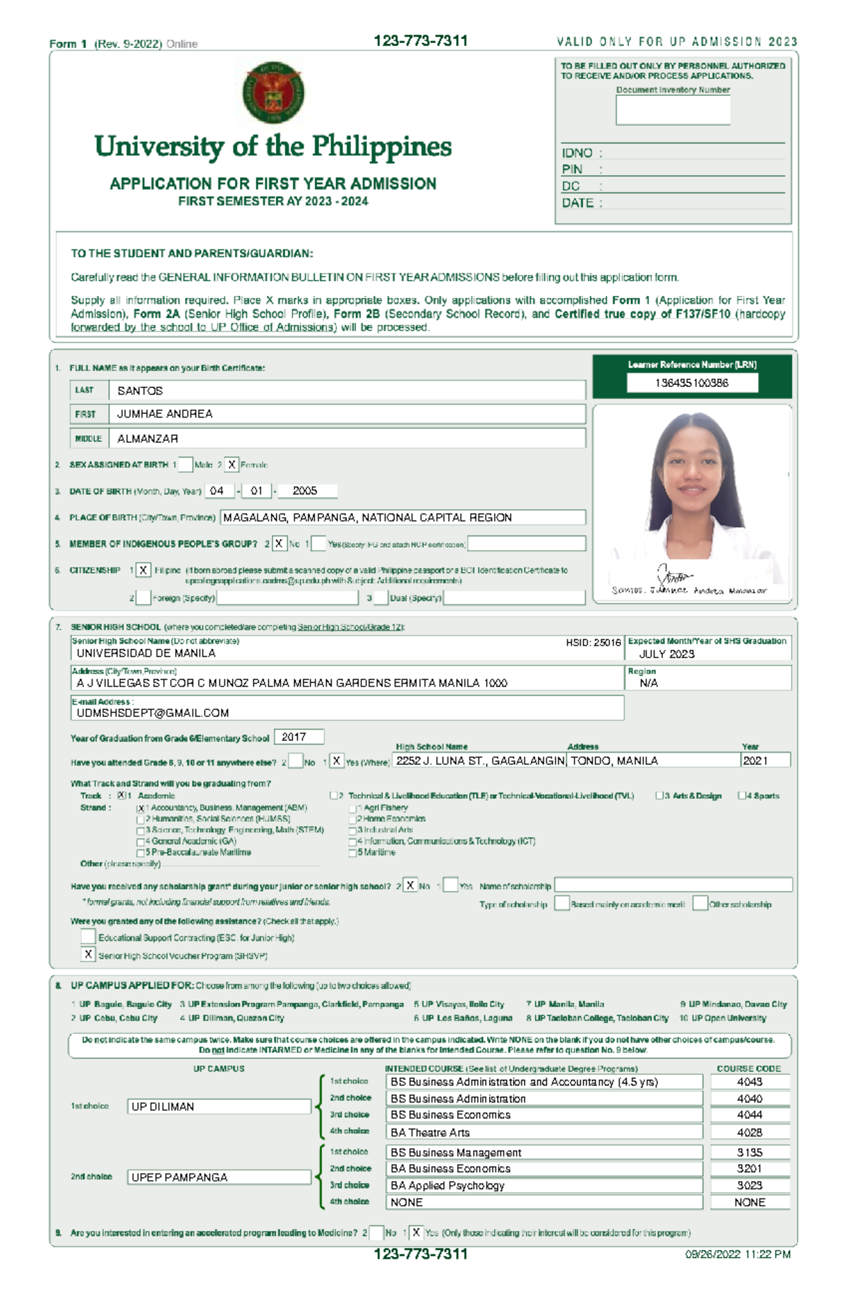 UP College Admissions 2023 FORM1 1237737311 - 123-773- 123-773-7311 09/26/2022 11:22 PM SANTOS ...