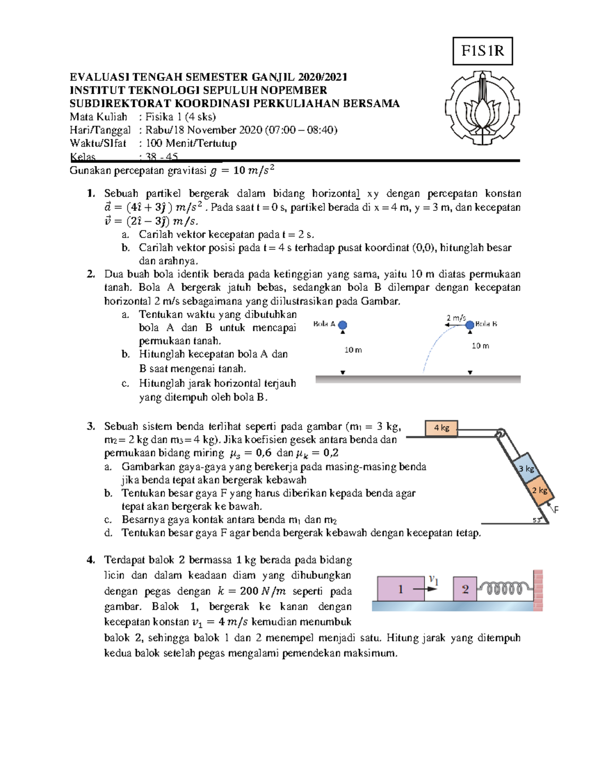 ETS Fisika 1 2020 - EVALUASI TENGAH SEMESTER GANJIL 2020/ INSTITUT TEKNOLOGI SEPULUH NOPEMBER ...