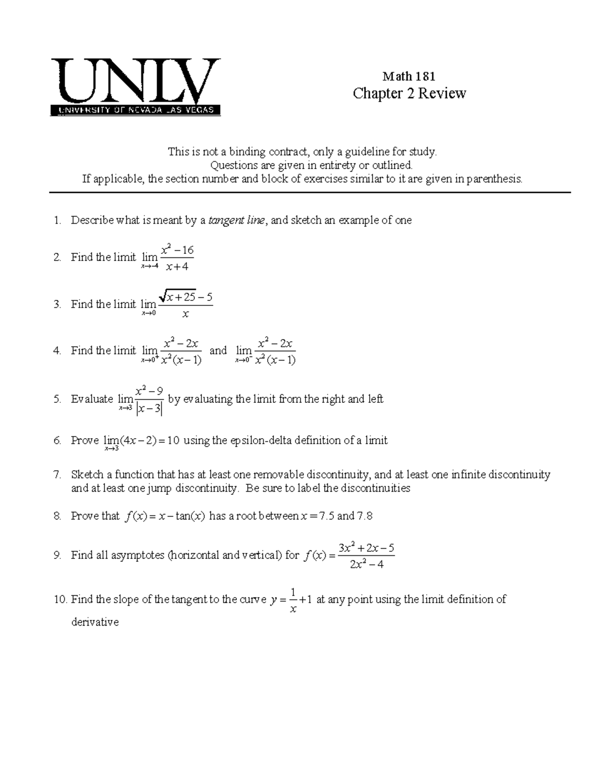 Review 02 math 181 - Math 181 Chapter 2 Review This is not a binding ...
