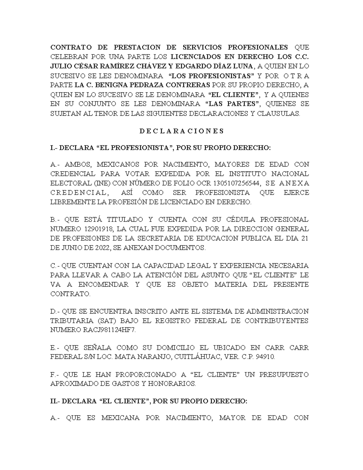 Benigna Pedraza Contreras 2 - CONTRATO DE PRESTACION DE SERVICIOS ...